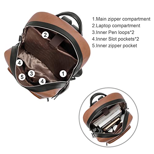 CLUCI Womens Laptop Backpack Leather 15.7 Inch Computer Backpack Travel Vintage Daypack Brown with Black