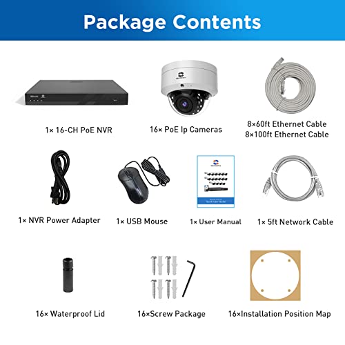 GWSECU 16 Camera Security Systems PoE, 4K 16CH H.265 NVR with 4TB HDD, AI Human Vehicle Detection, 16x 4K Wired Commercial IP66 IK10 Vandal Dome Microphone IP Cameras 2.8mm Lens, G81616VD54