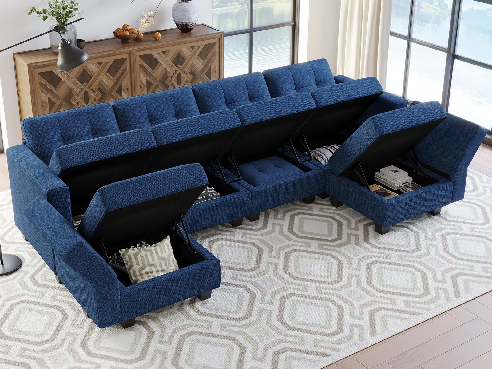 Belffin Modular U Shaped Sectional Sofa Couch with Reversible Chaises 6-seat Sectional Couch with Storage Seat Modular Sectional Set with Ottomans Blue