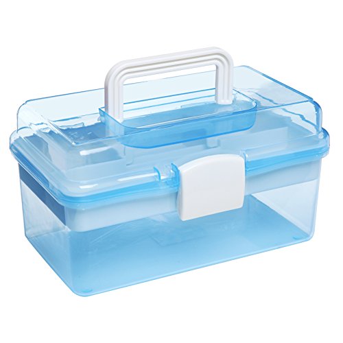 MyGift 10 Inch Portable Transparent Blue Plastic Storage Case Tool Box Sewing Box Organizer Travel Kit Box with Removable Tray, Clear Lid and Top Handle