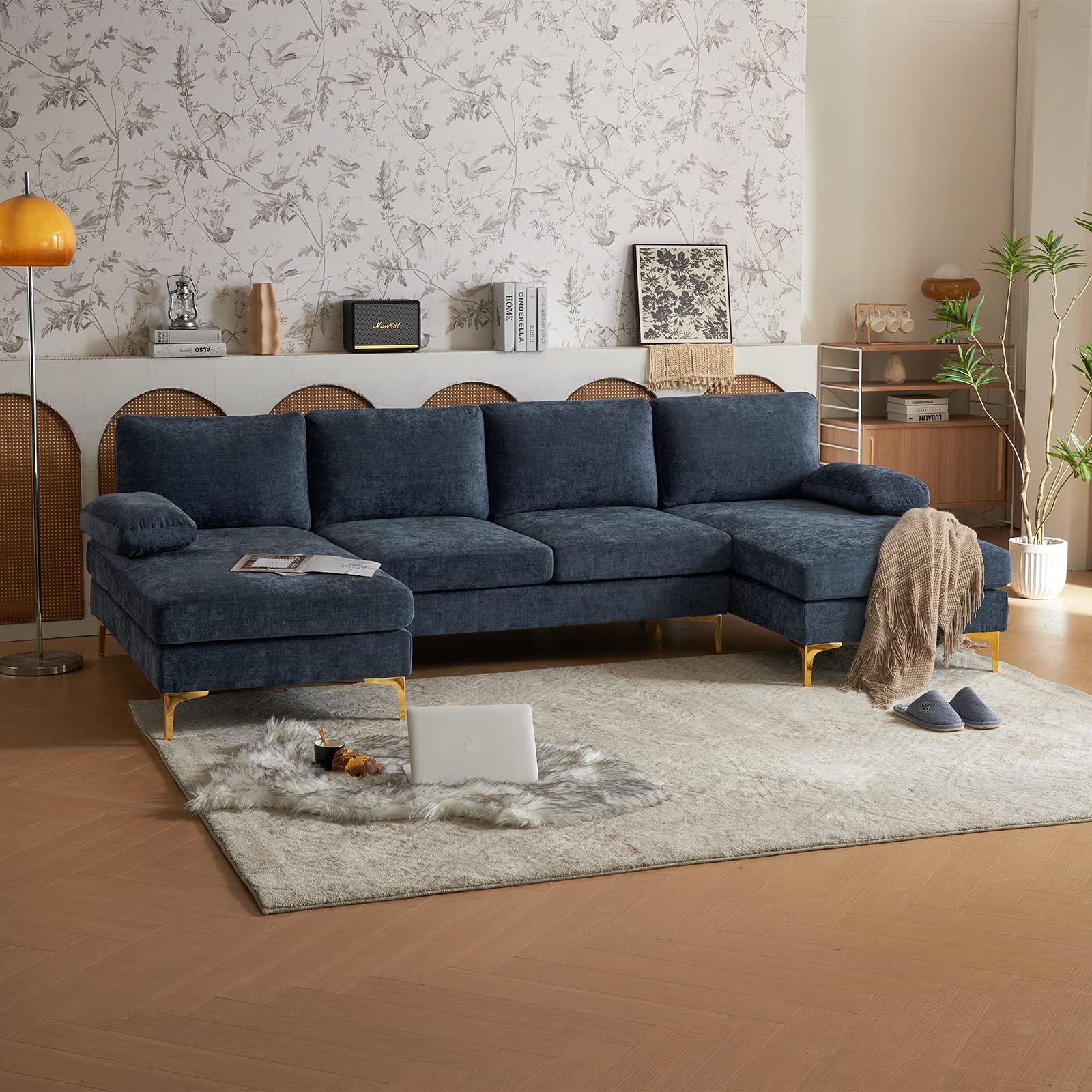 Karl home Convertible Sectional Sofa 110" U-Shape Sofa Couch 4-Seat Couch with Chaise ChenilleFabric Upholstered for Living Room, Apartment, Office, Grey-Blue