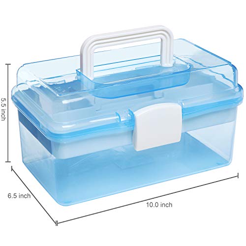MyGift 10 Inch Portable Transparent Blue Plastic Storage Case Tool Box Sewing Box Organizer Travel Kit Box with Removable Tray, Clear Lid and Top Handle