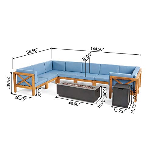Great Deal Furniture GDFStudio Outdoor Farmhouse Acacia Wood 8 Seater U-Shaped Sectional Sofa Set with Fire Pit, Teak, Blue, and Dark Gray