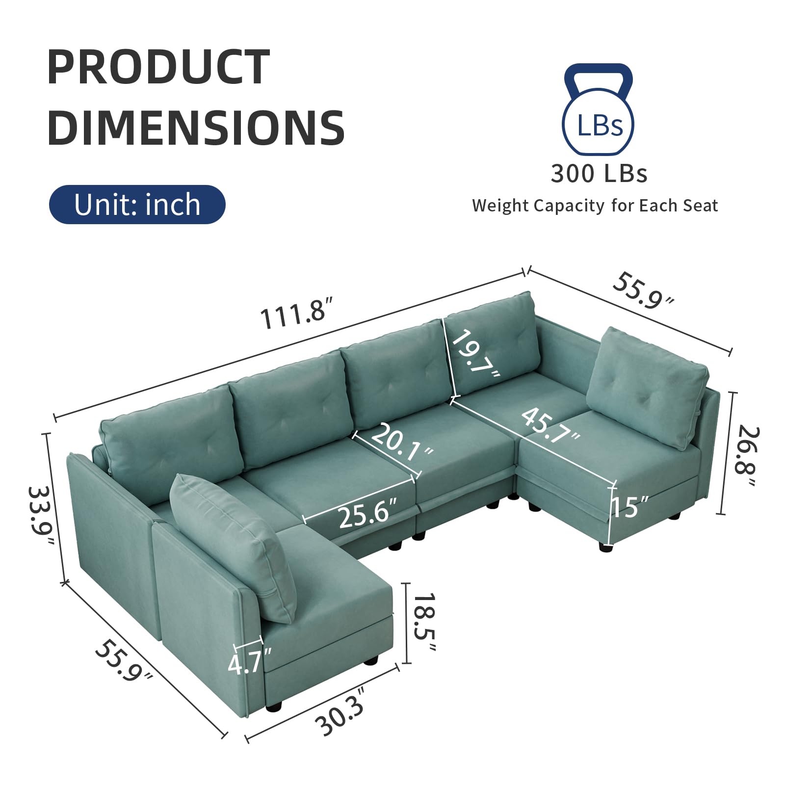 LLappuil Modular Sectional Sofa, Convertible U Shaped Sectional Couch with Storage, Modular Sectionals for Living Room, Faux Leather Fabric Waterproof Sofa, 6 Seat, Aqua Blue