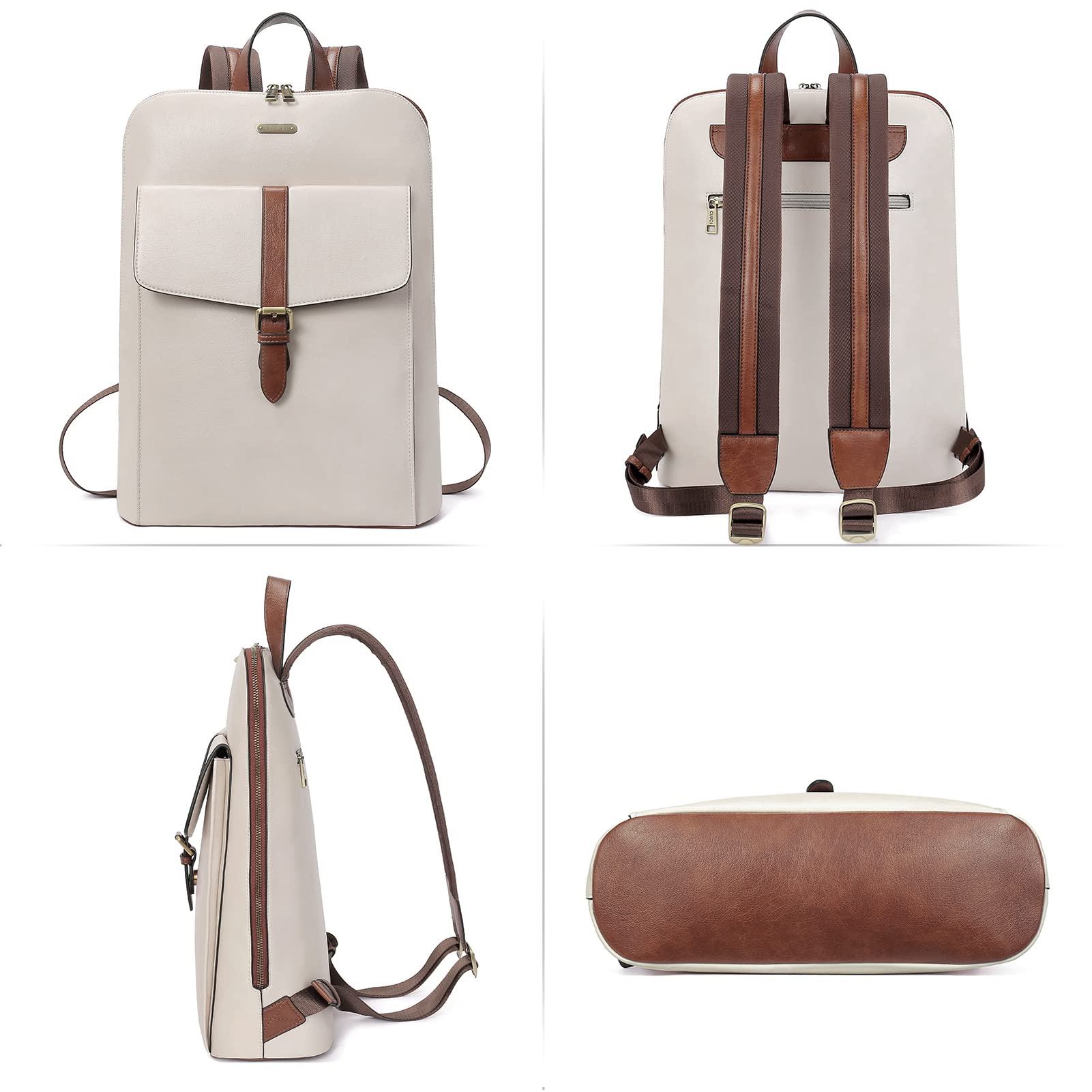 CLUCI Leather Laptop Backpack for Women 15.6 inch Computer Backpack Stylish Travel Backpack Purse for Women Work Daypack Bag Off-white with brown