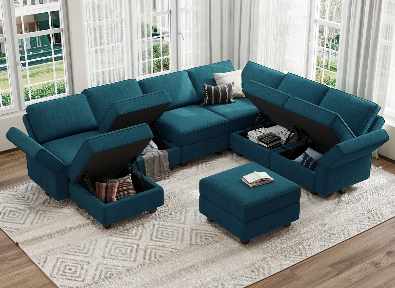 Belffin Oversized Modular Sectional Sofa U Shaped Couch Set with Storage Seat Convertible Large Couch U Shape Set Peacock Blue