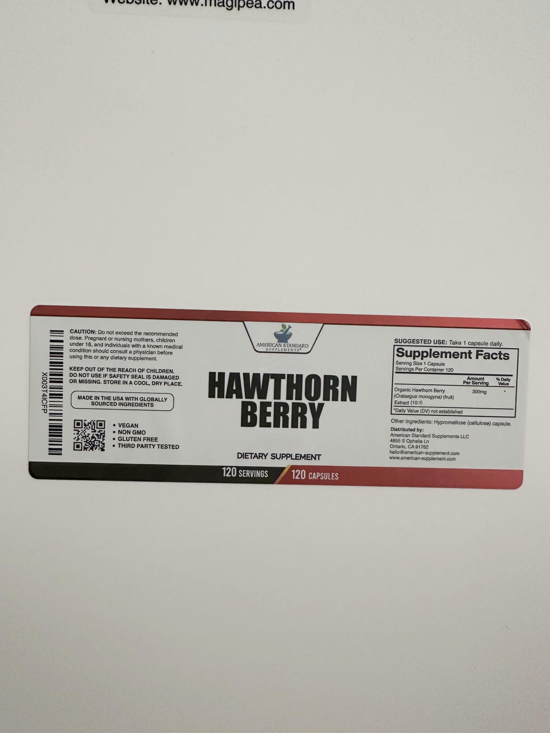 American Standard Supplements Hawthorn Berry, Made with Organic Hawthorn Berry Extract - Vegan, Gluten Free, Non-GMO, 120 Capsules, 120 Servings