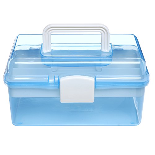 MyGift 10 Inch Portable Transparent Blue Plastic Storage Case Tool Box Sewing Box Organizer Travel Kit Box with Removable Tray, Clear Lid and Top Handle
