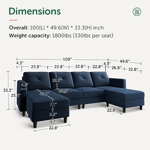 HONBAY Velvet Sectional Sofa with Chaise U Shaped Sectional Couch 4 Seat Sofa for Living Room, Dark Blue