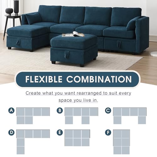 MUIRNAXI 109 x 54.7 Inch Chenille Modular Sectional Sofa,U Shaped Couch, 6-Seat Reversible with Adjustable Armrests and Backrest, Storage Seat, Ergonomic Design,for Living Room, Apartment (Blue)