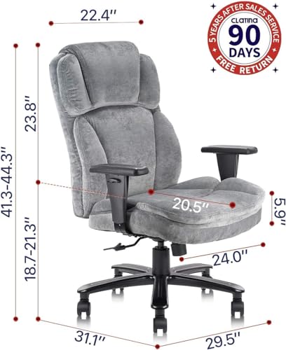 CLATINA Ergonomic Velvet Big Tall Executive Office Chair with Upholstered Swivel 400lbs High Capacity Adjustable Height Thick Padding Headrest and Armrest for Home (Grey)