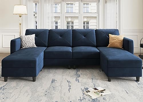 HONBAY Velvet Sectional Sofa with Chaise U Shaped Sectional Couch 4 Seat Sofa for Living Room, Dark Blue