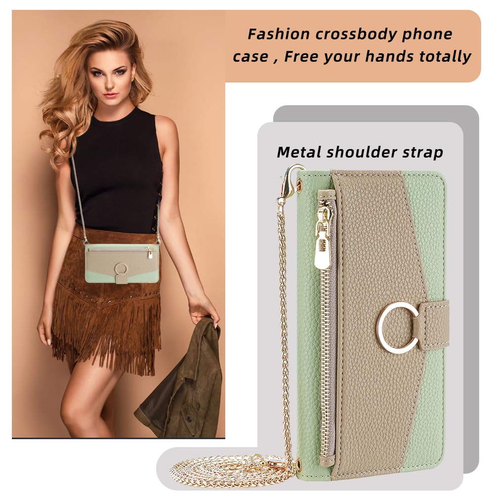 Arseaiy Wallet Case for VIVO V20 SE/Y70 2020 Flip Phone Case Cover with Crossbody Strap Magnetic Zipper Pocket Makeup Mirror PU Leather Shockproof with Kickstand Shell Green