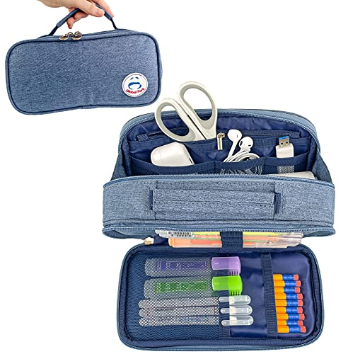 Pencil Case Pen Bag Holder Pouch Large Handle Big Capacity Desk Organizer Storage Marker Box Stationary Makeup Cosmetic Double Zippers for School Office Students Teen (blue)