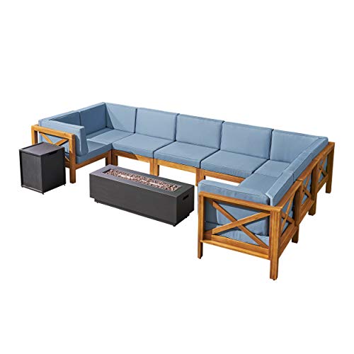 Great Deal Furniture GDFStudio Outdoor Farmhouse Acacia Wood 8 Seater U-Shaped Sectional Sofa Set with Fire Pit, Teak, Blue, and Dark Gray