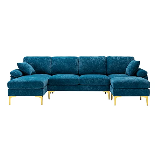 HomSof U-Shape Sectional Sofa, Mid Century Modern Couch with Chaise and Ottoman, Teal Blue Polyester Fabric Sofa Set for Living Room