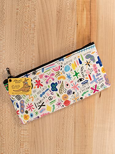 Blue Q Pencil Case, Doodle Party - chunky zipper, sturdy and easy-to-rinse-clean, 4.25"h x 8.5"w, made from 95% recycled material (multicolor)