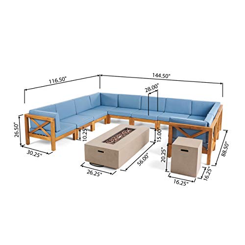 Great Deal Furniture GDFStudio Outdoor Acacia Wood 10 Seater U-Shaped Sectional Sofa Set with Fire Pit, Teak, Blue and, Light Gray