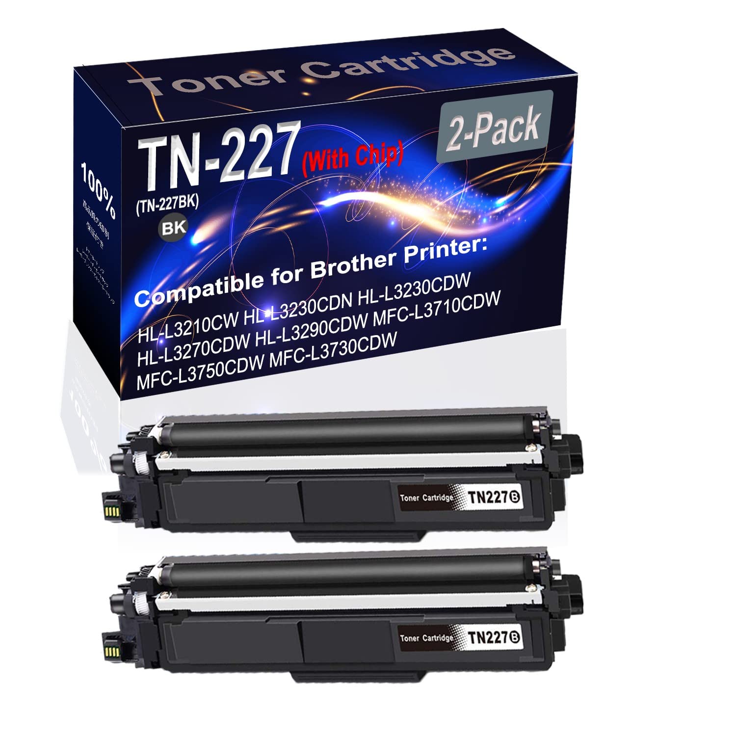 Kolasels (with Chip) 2-Pack (Black) Compatible HL-L3210CW L3230CDW L3270CDW Laser Printer Toner Cartridge (High Capacity) Replacement for TN227 TN-227 (TN-227BK) Printer Toner Cartridge