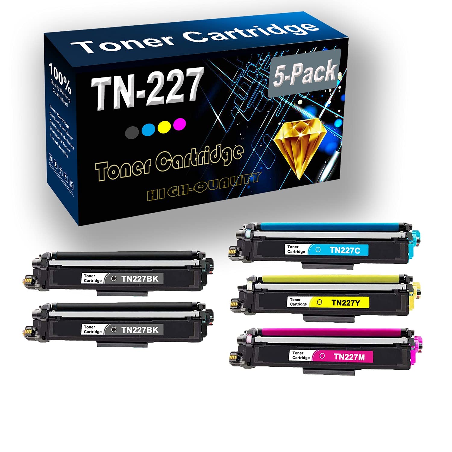 Kolasels Remanufactured Toner Cartridge Replacement for TN227 TN-227BK TN-227C TN-227Y TN-227M for HL-L3210CW HL-L3230CDW HL-L3270CDW Printer (5-Pack, 2BK+C+Y+M)