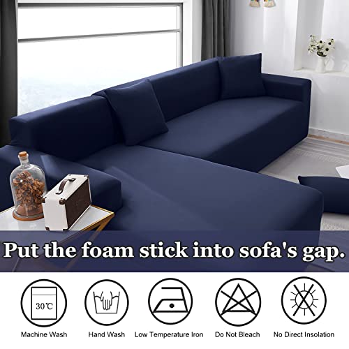 BT.WA Couch Cover L Shape Sectional Sofa Cover 2-Piece Soft Stretch Sofa Slipcover Furniture Protector Couch Slipcover with 2Pcs Pillowcases (Sofa 3 Seater + 3 Seater, Navy)