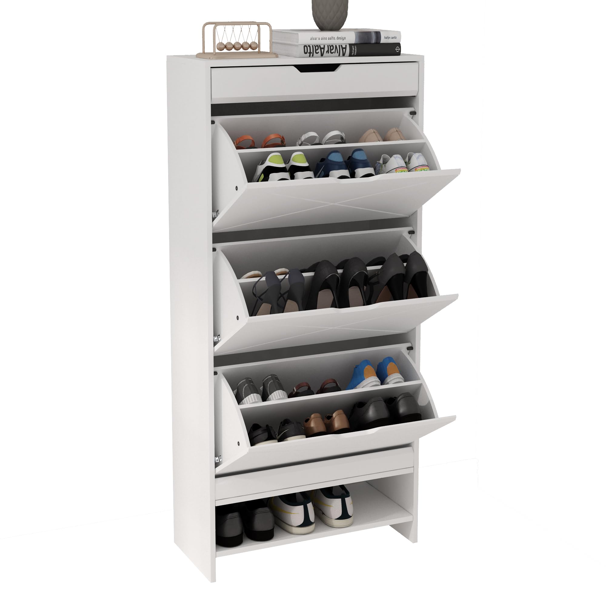HESIEU Modern Wooden 3 Tier Tumble Shoe Cabinet Storage Cabinet White Finish with 1 Drawer and 1 Bottom Storage Suitable for Hallway, Entryway, Bedroom, Closet