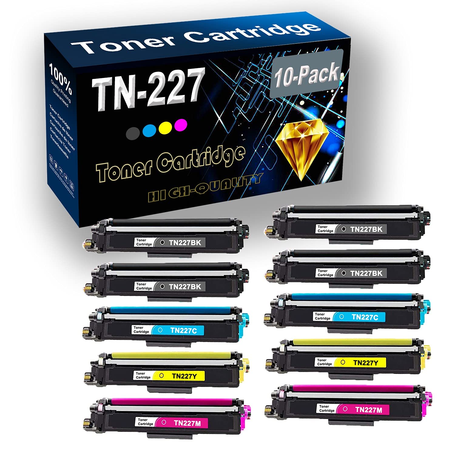 Kolasels 10-Pack (4BK+2C+2Y+2M) Compatible Color Toner Cartridge Replacement for TN227 TN-227BK TN-227C TN-227Y TN-227M Printer Cartridge use for HL-L3210CW HL-L3230CDW HL-L3270CDW Printer