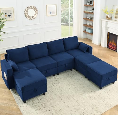Kxrtuw 7 Seat Modular Sectional Sofa, Convertible Sleeper Sofa Bed with Storage Seat,L-Shape U-Shape Corduroy Velvet Couch for Living Room(Dark Blue)