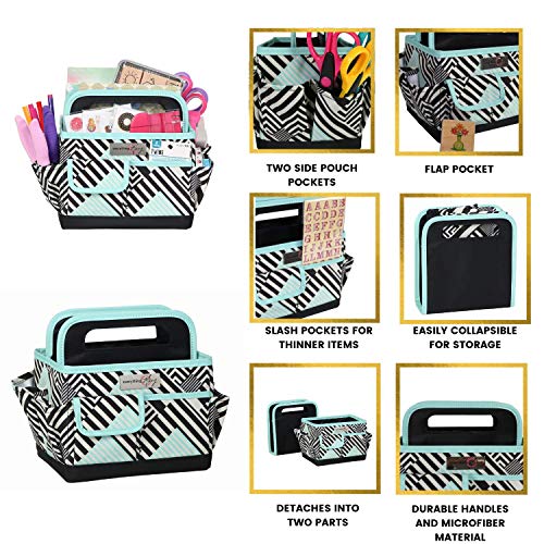 Everything Mary Teal Geometric Deluxe Store and Tote - Storage Organizer Bag for Crafts, Sewing, Paper, Art, Desk, Canvas, Supplies Storage Organization - Travel Art Box with Handle