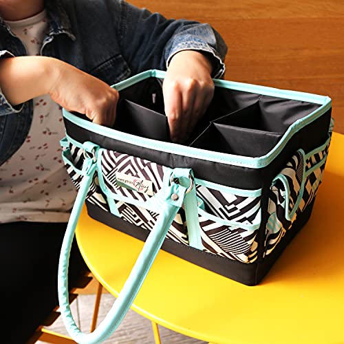 Everything Mary Teal Geometric Deluxe Store and Tote - Storage Organizer Bag for Crafts, Sewing, Paper, Art, Desk, Canvas, Supplies Storage Organization - Travel Art Box with Handle