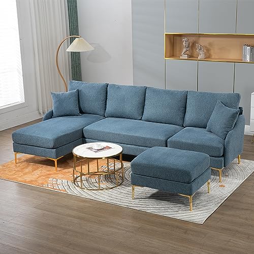 110" Modular Sectional Sofa with Ottoman, Modern U Shaped Convertible Upholstered Sofa Couch with 2 Pillows, 4-Seat Oversized Comfy Couch Set for Living Room, Bedroom, Office, Blue Couch