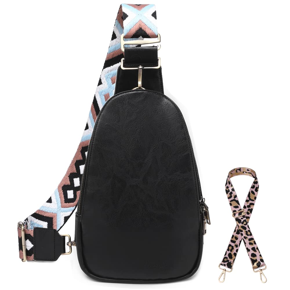 WSRYDJDL Women Chest Bag Sling Bag Small Crossbody PU Leather Satchel Daypack Shoulder backpack for traveling hiking Cycling (Black)