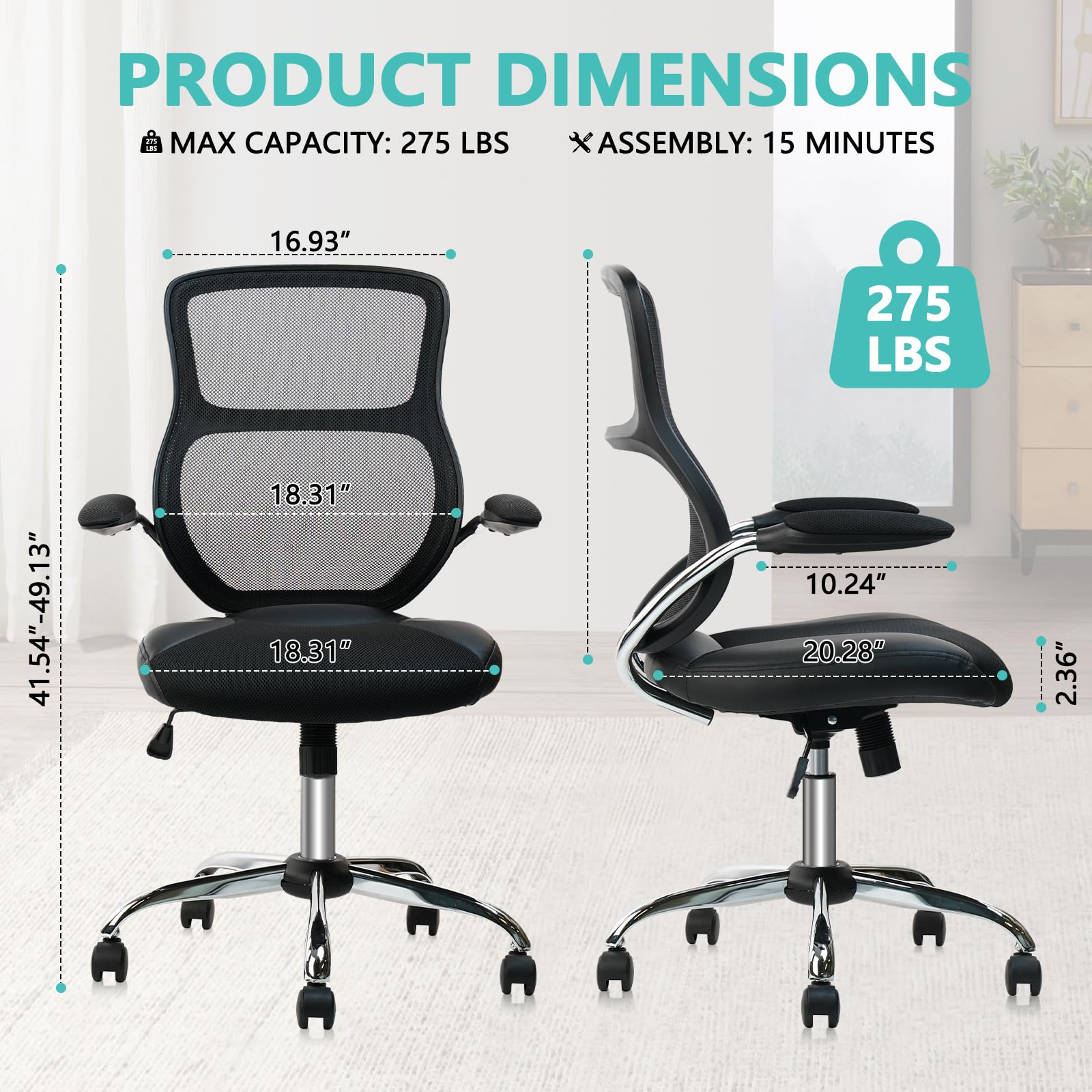 CLATINA Office Mesh Chair Ergonomic Rolling Computer Desk Chair with Flip-up Padded Armrest and Adjustable Height for Home or Office Conference Room (Black)