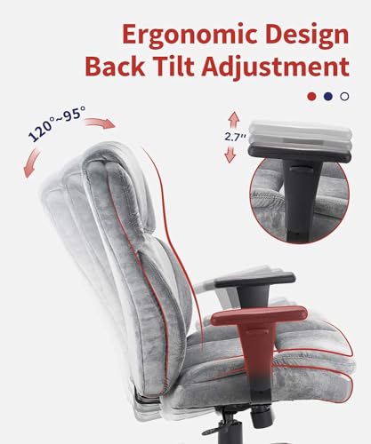 CLATINA Ergonomic Velvet Big Tall Executive Office Chair with Upholstered Swivel 400lbs High Capacity Adjustable Height Thick Padding Headrest and Armrest for Home (Grey)
