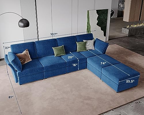Amerlife Sectional Sofa, Convertible Sofa- Modular Sectional Sofa, 6 Seats U Shaped sectional with Ottomans, Reversible Sofa Couch for Living Room, Blue Linen