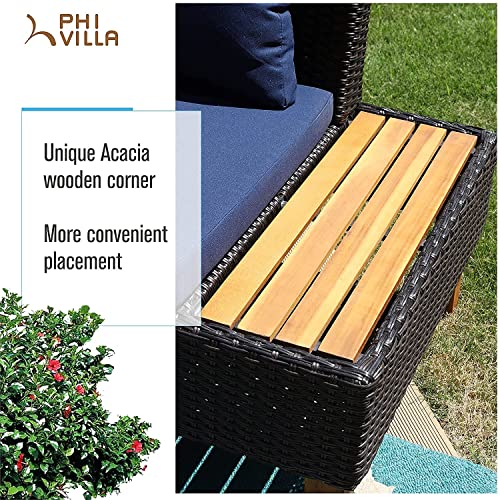PHI VILLA 3-Piece Outdoor Rattan Sectional Sofa Set with Acacia Wood Coffee Table Patio Wicker Furniture Set with Cushions Conversation Set, Navy Blue