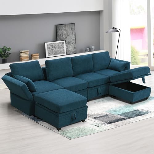 MUIRNAXI 109 x 54.7 Inch Chenille Modular Sectional Sofa,U Shaped Couch, 6-Seat Reversible with Adjustable Armrests and Backrest, Storage Seat, Ergonomic Design,for Living Room, Apartment (Blue)