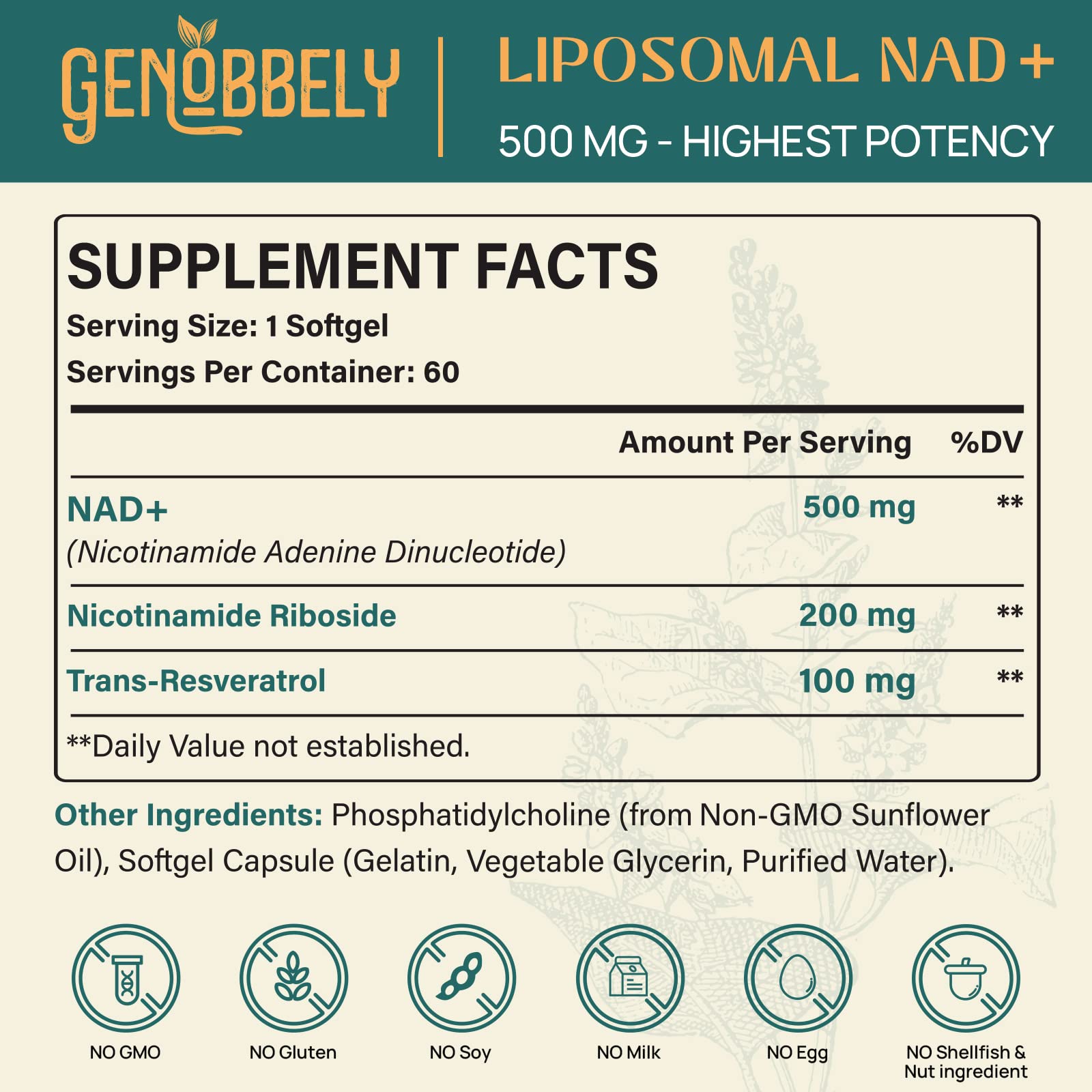 GENOBBELY 800 mg Liposomal NAD+ Supplement with Nicotinamide Riboside 200 mg, Trans-Resveratrol 100 mg - True NAD Supplement for DNA Repair, Healthy Aging, Brain Function - 120-Day Supply.