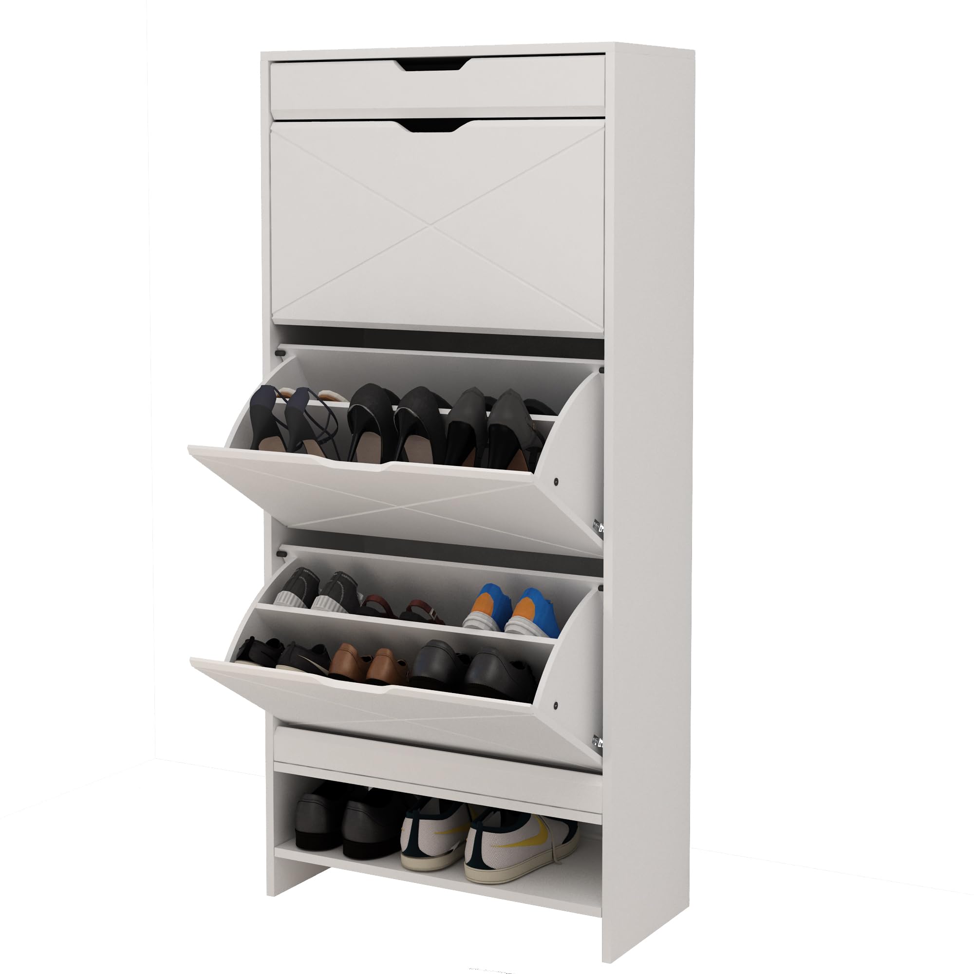 HESIEU Modern Wooden 3 Tier Tumble Shoe Cabinet Storage Cabinet White Finish with 1 Drawer and 1 Bottom Storage Suitable for Hallway, Entryway, Bedroom, Closet