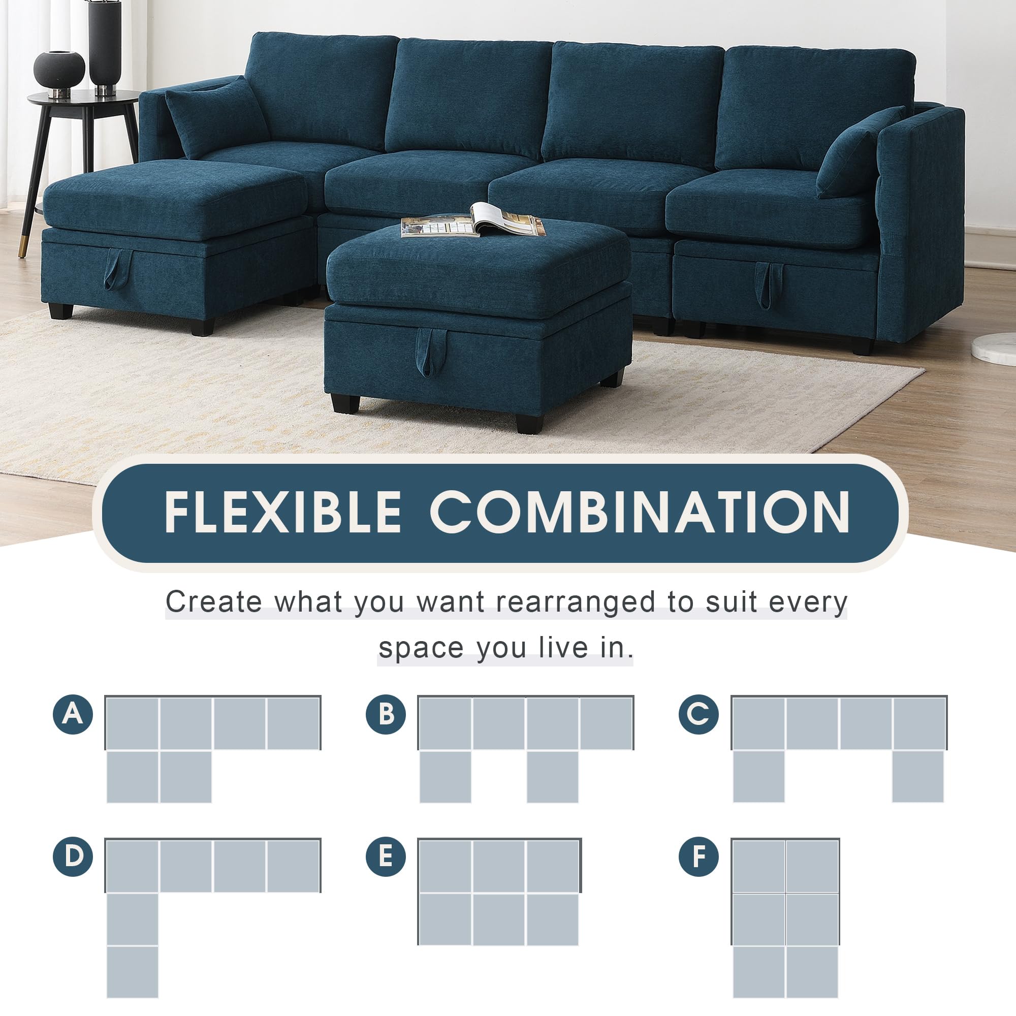 Hlcodca Chenille Modular Sectional U Shaped Couch with Adjustable Armrests and Backrests, 6 Seat Reversible Sofa Bed with Storage Seats, for Living Room, Apartment, 2 Colors(Blue-U)