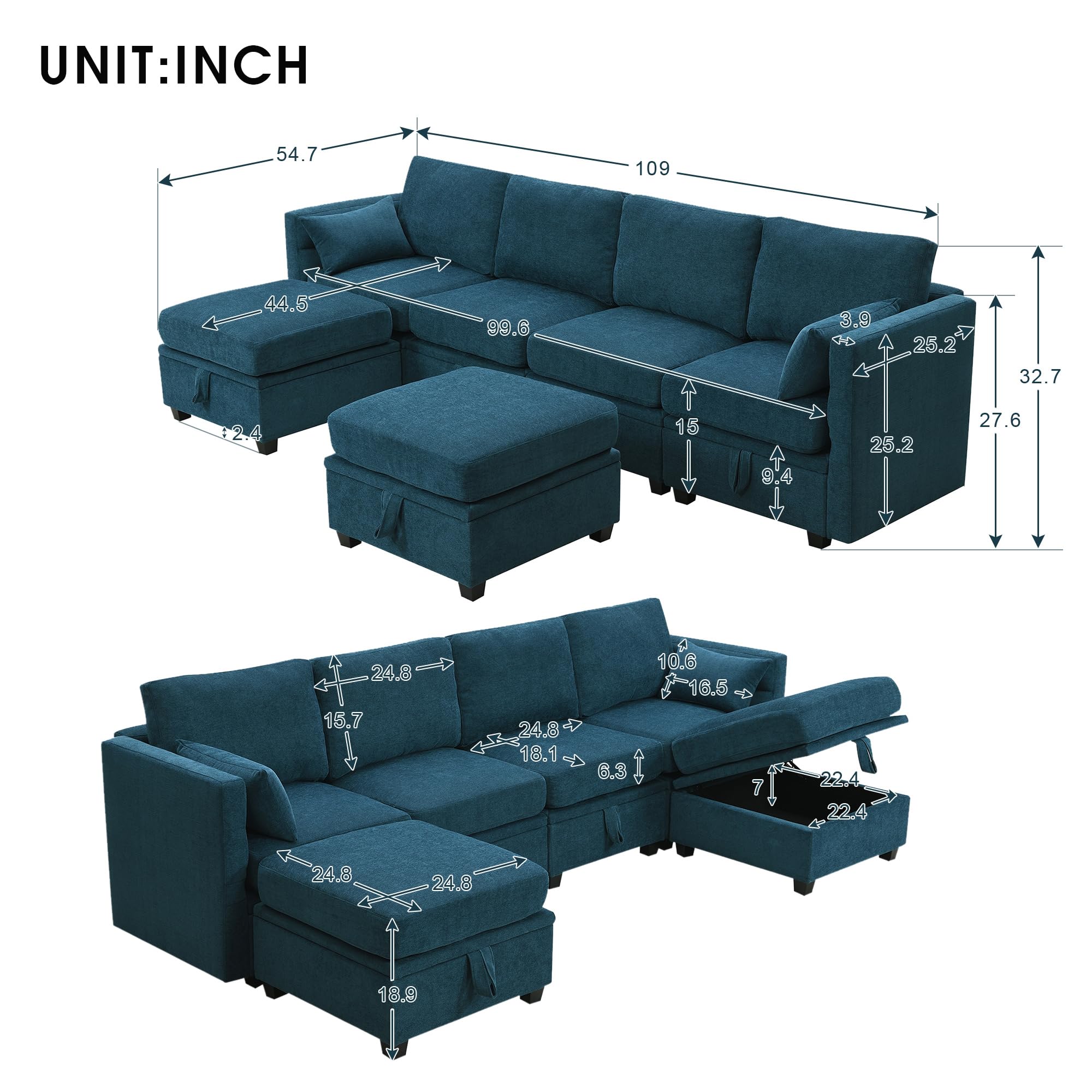 Hlcodca Chenille Modular Sectional U Shaped Couch with Adjustable Armrests and Backrests, 6 Seat Reversible Sofa Bed with Storage Seats, for Living Room, Apartment, 2 Colors(Blue-U)