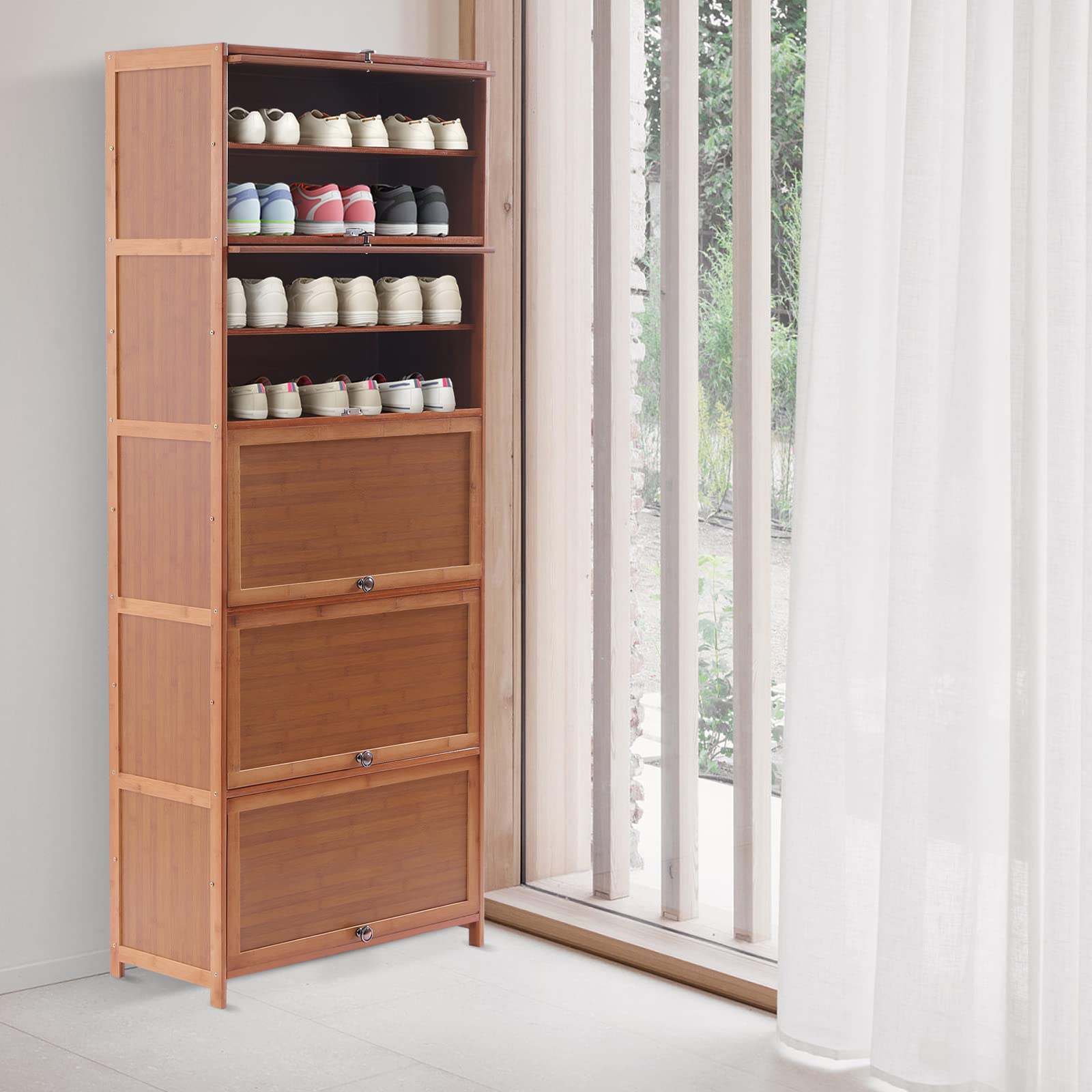 DreamRcoach 10 Tier Shoe Storage Cabinet, Bamboo Shoes Shelf Rack, Entryway Shoe Organizer Cabinet, Freestanding Shoe Rack for Entryway Office Living Room, Brown