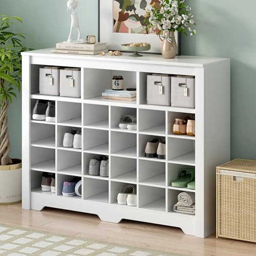 Goohome Sleek Design 24 Shoe Cubby Console, Modern 5-Tier Storage Shoe Cabinet with Curved Base, Versatile Sideboard for Hallway, Bedroom, Living Room, Space-Saving