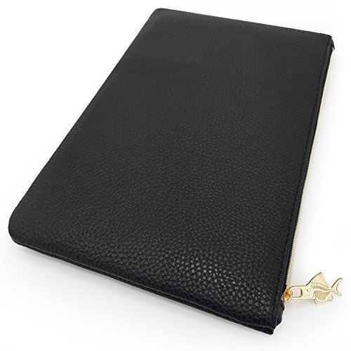 Faux Leather Pencil Case - Leather Look Makeup Bag - Black with Gold Zip - Large