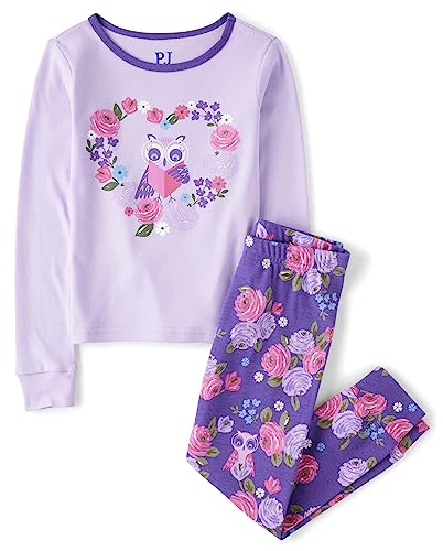 The Children's Place Girls' Long Sleeve Top and Pants Snug Fit 100% Cotton 2 Piece Pajama Set, Floral Purple Owl
