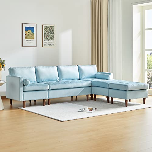 wirrytor Modular Sectional Sofa, Velvet U Shaped Couch, Modular Sectional with Reversible Ottomans for Living Room, Blue