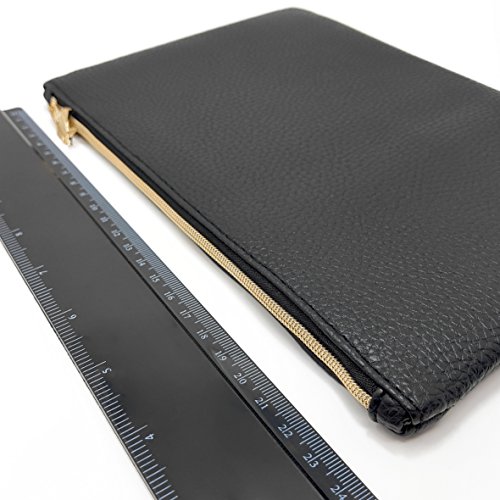Faux Leather Pencil Case - Leather Look Makeup Bag - Black with Gold Zip - Large