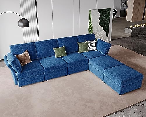 Amerlife Sectional Sofa, Convertible Sofa- Modular Sectional Sofa, 6 Seats U Shaped sectional with Ottomans, Reversible Sofa Couch for Living Room, Blue Linen