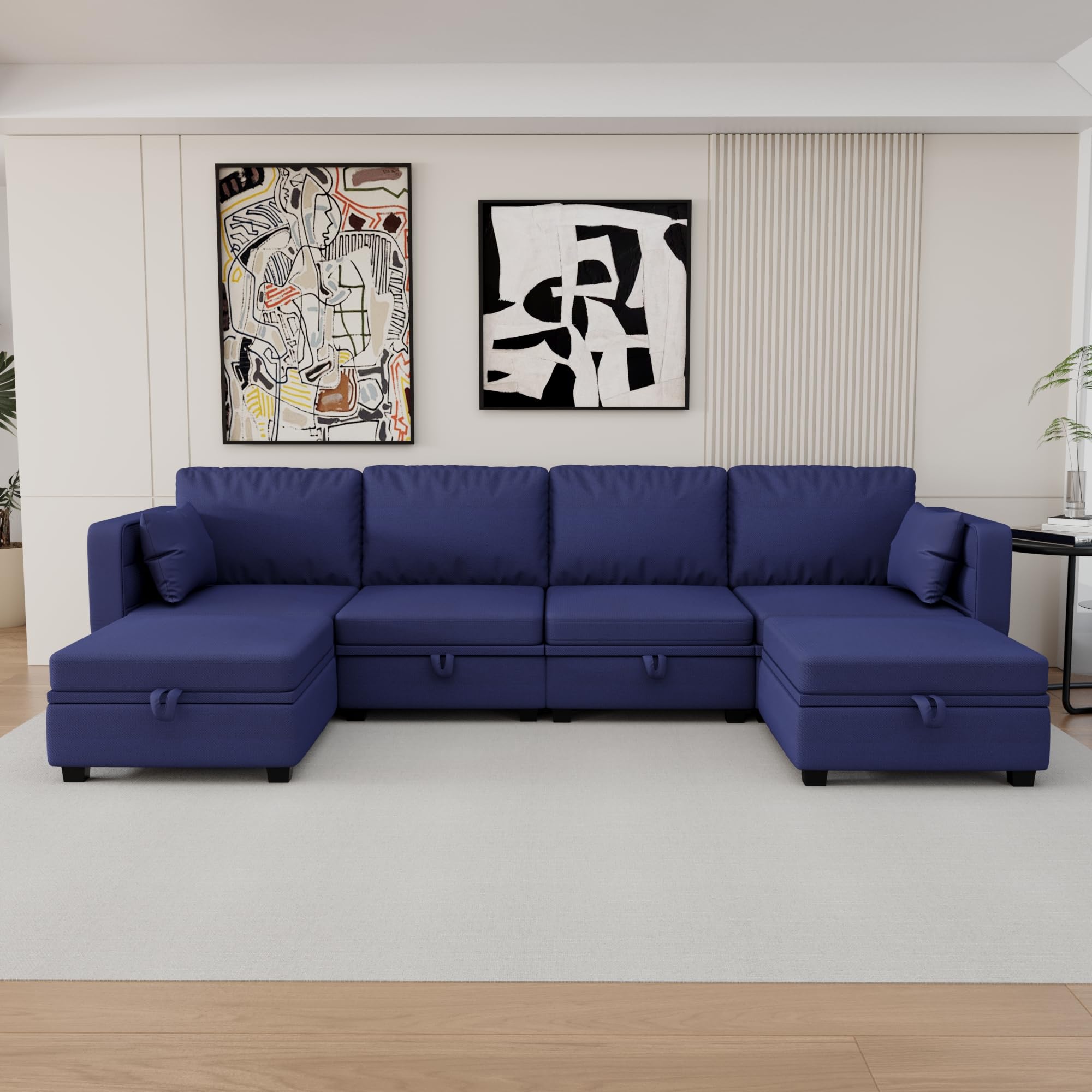 WILLIAMSPACE 110" Sectional Sofa Couch for Living Room, Modern Modular U-Shape Sofa with Storage Seats & Reversible Chaise & Adjustable Armrest, 6 Seat Convertible Sofa for Home Office (Blue)