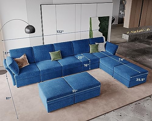 VanAcc Modular Sectional Sofa, Sectional Couch, 9 Seats Sofa- U Shaped sectional with Ottomans, Reversible Sofa Couch for Living Room, Blue Linen